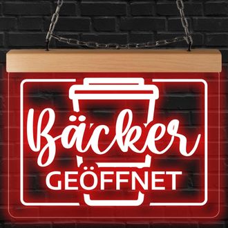 Indigos UG LED Lampen - B&auml;ckerei ge&ouml;ffnet - graviert - Leuchtschild 26x20 cm zum H&auml;ngen an Wand oder Scheibe - Schild beleuchtet f&uuml;r B&uuml;ro Laden Praxis Studio Sch