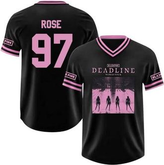Generic Maillot de Baseball imprim&eacute; Noir et Rose Kpop Lisa Jennie Jisoo Rose, t-Shirt de Baseball Hip-hop &agrave; col en V pour Les Fans de Musique 05-2 S