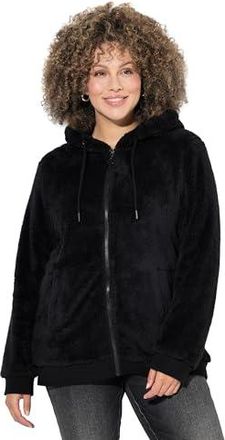 Ulla Popken Femme Grandes Tailles Veste &agrave; Capuche en Polaire boucl&eacute;e, Manches Longues, Polaire Teddy Douce Noir 42+ 843930100-42+