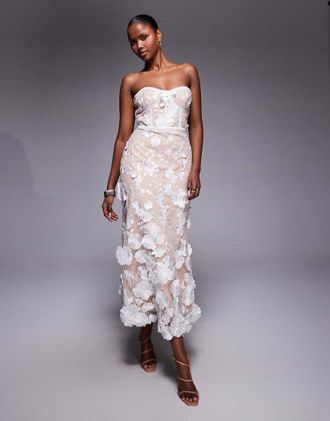 Jarlo Jolene - Robe corset longueur mollet en dentelle 3D avec encolure bandeau - Ivoire-Blanc