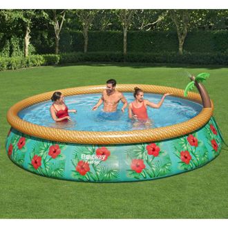 Bestway Fast Set Aufstellpool-Set mit Wassersprinkler und Filterpumpe &oslash; 457 x 84 cm, Buntes Hawaii, rund