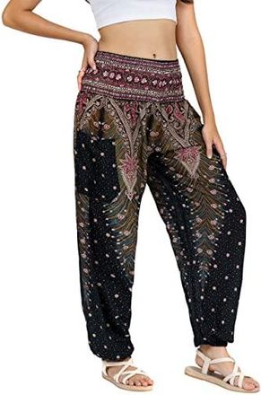 Lofbaz Femmes Paon Impression Smocked Taille Harem Pantalon Noir B 4XL