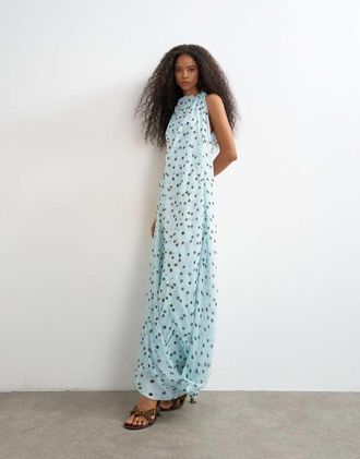 Topshop Midikleid f&uuml;r besondere Anl&auml;sse aus Chiffon mit drapiertem Saum in Blau und Schokobraun mit Punktmuster