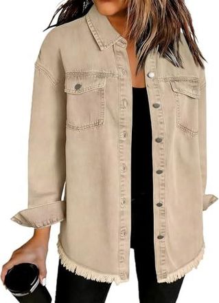 Generic Veste d&eacute;contract&eacute;e en jean &agrave; manches longues pour femme avec ourlet effiloch&eacute;, kaki, XXL
