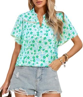 Kate Kasin Chemise DÉté Décontracté À Manches Courtes Et Col en V pour Femme Vert Clair M