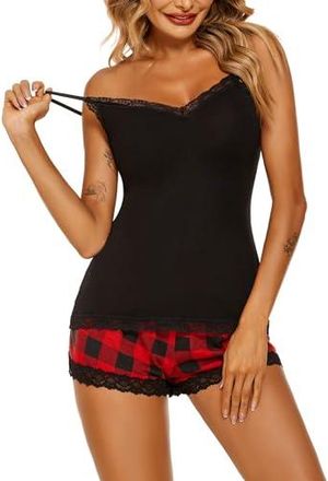 Avidlove Ensemble de Pyjama Femme Ete sans Manches Sexy Col V Vêtements de Nuit Short Confort Doux Bretelles Pyjamas PAT4 XL