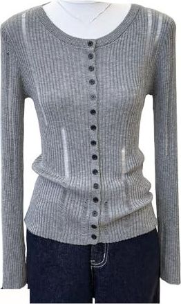 Generic Faux cardigan en tricot deux pi&egrave;ces pour femme - Couleur caf&eacute; - Col en V - Style paresseux - Manches longues - Haut court, Gris, taille unique