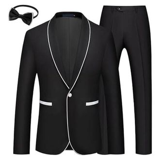 Generic Costume de mariage 2 pièces pour homme, coupe ajustée, châle, revers à un bouton, blazer, veste et pantalon, ensemble de couleurs contrastées, Noir, 5
