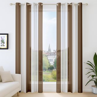 Deconovo Voile Vorhänge mit Ösen, Vorhangschal Transparent Boho Streifenmuster, Fensterschal Schlafzimmer in Leinenoptik, 138x140 cm(HöhexBreite), Kaffe, 2er S