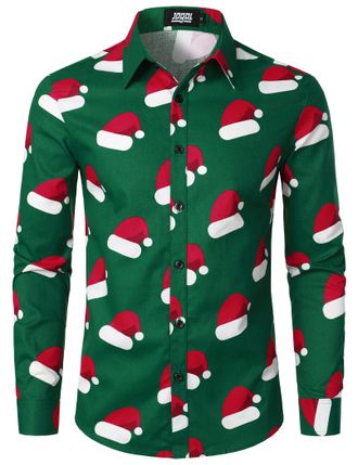 JOGAL Herren Funky Christmas Print Weihnachtsmann Hemd Langarm Button Up Freizeithemd XX-Large Gr&uuml;n Hut