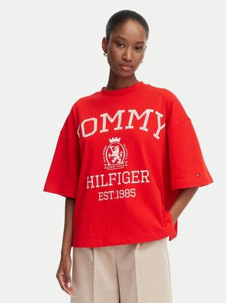 Tommy Hilfiger T-Shirt Varsity Crest WW0WW50940 Rot Oversize