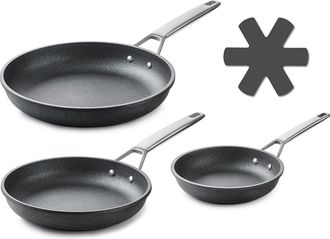 Betty Bossi Bratpfannen Premium, Aluguss - 3er-Set 20 cm 24 cm 28 cm Durchmesser Pfannenset mit Pfannenschoner Pfannenschutz anthrazit für alle Herdarten geeignet