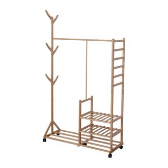 Relaxdays Kleiderst&auml;nder, Bambus, 4 Ablagen, Kleiderstange, 6 Haken, HxBxT: 176 x 100 x 38 cm, Rollgarderobe, Natur