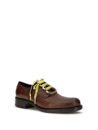 Prada Womens Antique Leather Lace-Up Loafers Cacao Lace Up