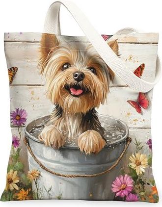 Generic Spring Yorkies Sac fourre-tout en toile pour faire du shopping 33 x 38,1 cm, joli sac &agrave; bandouli&egrave;re r&eacute;utilisable en bois de fleur rustique pour femme,