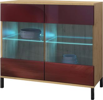 Vladon Kommode Bari V3, Moderner Küchenschrank mit 2 großen Glastüren inkl. RGB Beleuchtung Eiche Evoke/Bordeaux Hochglanz (92,5 x 83.5 x 35)