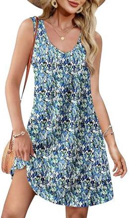SHEKINI Robe dété pour Femme - Longueur Genou - Élégante - Motif Floral - Style bohème - Décontractée - Robe décontractée - Mini Robe de Plage, Impression Ble