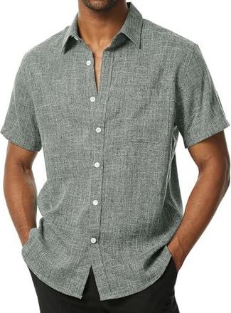 PARKLEES Chemise boutonnée à manches courtes pour homme - En lin texturé - Décontractée - Vacances - Plage - Été, vert olive, Taille 3XL