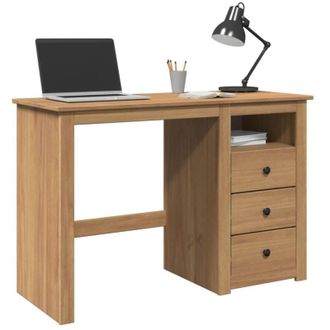 vidaXL Vidaxl - Bureau droit en bois massif de pin 112x45x75 cm - 3 tiroirs et compartiment de rangement - Finition cire de miel - Pour petits espaces