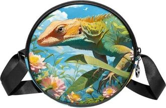Generic Petit sac &agrave; bandouli&egrave;re circulaire pour femme, motif l&eacute;zard fleur, sac &agrave; dos &agrave; bandouli&egrave;re avec fermeture &eacute;clair, bretelles r&eacute;glables, sac &agrave; main rond