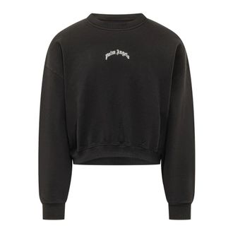 Palm Angels Femme, Sweatshirts et sweats &agrave; capuche, Noir, Taille: 40 FR Curved Logo Crop Crew