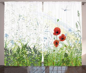 Abakuhaus Blumen Rustikaler Vorhang, Rote Mohnblumen-Libelle, Wohnzimmer Universalband Gardinen mit Schlaufen und Haken, 280 x 245 cm, Grün Rot