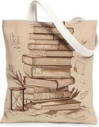 Generic Sacs fourre-tout vintage en toile artistique, motif livre empil&eacute;, sacs d&eacute;picerie r&eacute;utilisables, l&eacute;gers et lavables avec bandouli&egrave;re pour Shoppin, beig