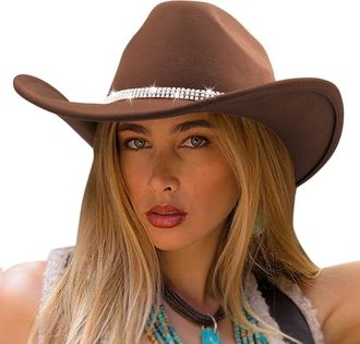 Dreshow Western Cowboy Cowgirl Hut mit Gl&auml;nzendem Strassband f&uuml;r Herren Damen Fedora Panamahut