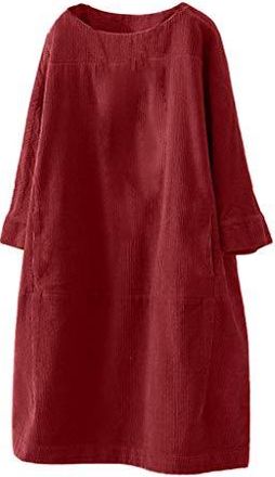 Generic Robe dété à rayures vintage en velours côtelé de couleur unie à manches longues pour femme, bordeaux, L