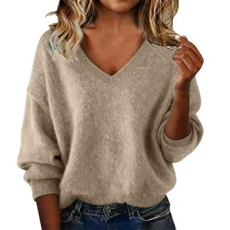 Generic Pull chenille marron expresso chocolat cachemire pour femme, col en V, manches longues, pull en laine m&eacute;lang&eacute;e, 2 - Beige, M