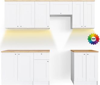 Vicco K&uuml;chenzeile Bergamo, K&uuml;chenblock, Wei&szlig;, 240 cm, AP Goldkraft mit LED-Leisten