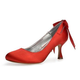 Generic Chaussures De Mari&eacute;e Escarpins pour Femme Satin&eacute;e Talon Moyen Slip-on Rond Chaussures De Mariage De F&ecirc;te 7Cm,Rouge,41 EU