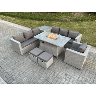 Fimous Gas Feuertisch f&uuml;r den Au&szlig;enbereich Rattan Gartenm&ouml;bel Set mit Sofa Beistelltisch Sessel 2 Kleiner Hocker Gas Feuerstelle Helles Grau - Fimous