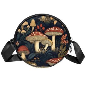 Generic Sac &agrave; bandouli&egrave;re rond pour femme, petit sac &agrave; bandouli&egrave;re vintage champignon avec fermeture &eacute;clair, bretelles r&eacute;glables, sac &agrave; main rond d&eacute;contract&eacute; 