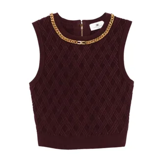 Elisabetta Franchi Femme, Tops, Rouge, Taille: 38 FR Top en maille avec motif losanges et d&eacute;tails bijoux
