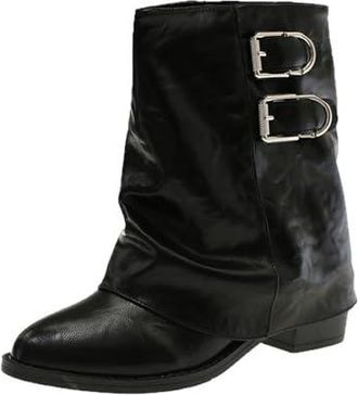 Generic Bottes de veau larges pour femme en similicuir &eacute;l&eacute;gant avec boucle de couleur unie et talon &eacute;pais - Bottes d&eacute;contract&eacute;es &agrave; enfiler - Bottes dhiver dex