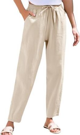 Generic Pantalon long en lin d&eacute;contract&eacute; pour femme avec cordon de serrage - Taille haute - Pantalon de loisirs - Couleur unie - Avec poches - V&ecirc;tement de d&eacute;t