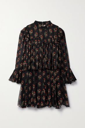 D&ocirc;en Alette Gestuftes Minikleid Aus Seiden-georgette Mit Blumenprint Und R&uuml;schen - Schwarz