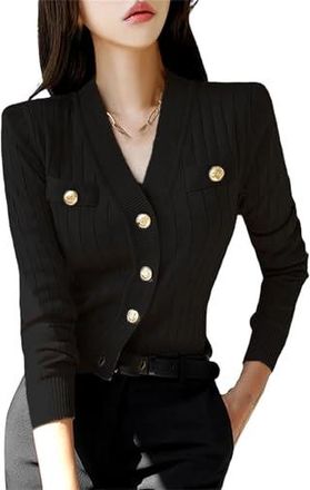 Generic Cardigan en tricot &agrave; manches longues et col en V pour femme, Noir/blanc, taille unique