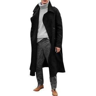 Generic Trench long &agrave; crant&eacute; pour homme en fausse laine m&eacute;lang&eacute;e, longueur genou, revers simple boutonnage, veste longue dhiver, Noir, XXL