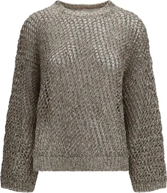 Brunello Cucinelli Pull-over en maille ajour&eacute;e en soie et lin Dazzling Chin&eacute; - Femme - Pulls - Gris - Taille: 38 FR