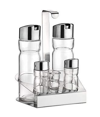 Pintinox Prima Collection, Huilier 5 pi&egrave;ces (huile, vinaigre, sel, poivre, cure-dents), en acier inoxydable et r&eacute;cipients en verre avec syst&egrave;me anti-goutte