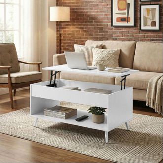 Vasagle Meuble de Salon avec Plateau Relevable, V&eacute;rin &agrave; Gaz, Rangement Ouvert, pour Bureau ou Salle &agrave; Manger, Balnc