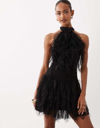 Lace & Beads Robe courte dos nu en tulle &agrave; volants &eacute;tag&eacute;s - Noir