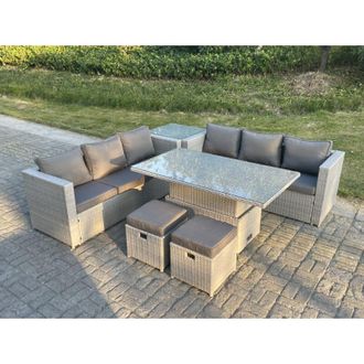 Fimous Salon de Jardin Exterieur Table &agrave; manger r&eacute;glable en hauteur ave canap&eacute; Table dappoint Petit Tabourets Gris Clair - Fimous