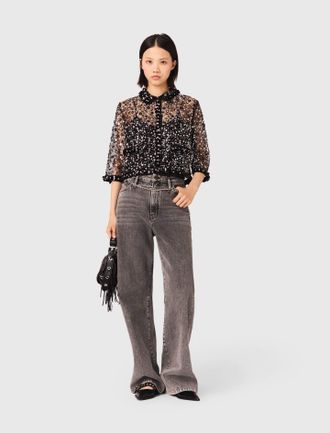 Maje Polo Mit Strass Und Floralem Muster - Schwarz - Gr&ouml;&szlig;e 32 - Maje