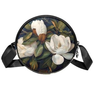 Generic Sac &agrave; bandouli&egrave;re Circle pour femme, petit sac &agrave; bandouli&egrave;re Magnolias avec fermeture &eacute;clair, bretelles r&eacute;glables, sac &agrave; main rond d&eacute;contract&eacute; pour fe