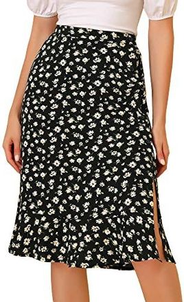Allegra K Femmes Jupe Mi-Longue Fendue Fleurie Volants Boutons dans Dos Noir M