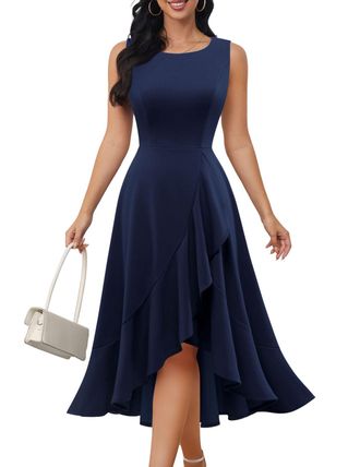 Dresstells Cocktaikleid Damen Hochzeitsgast Festliche Etuikleid Elegant Vintage Curvy Partykleid Dunkelblau Hoch-Tief Abendkleid Kurz Sommer Schickes Swing Kleid