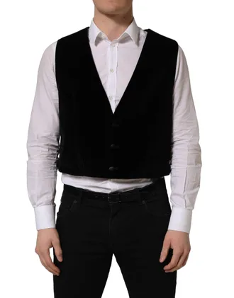 Dolce & Gabbana Mens Black Cotton Singlebreasted Waistcoat Vest Viscose Nylon Elastane Clothing